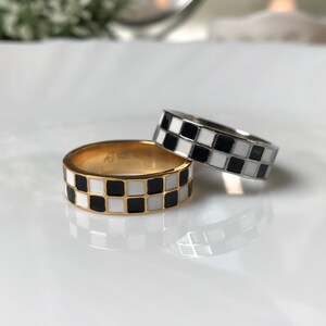 Custom Black & White Checkerboard Rings, Sterling Silver or 14kgold Simple Couple Band Wedding ...