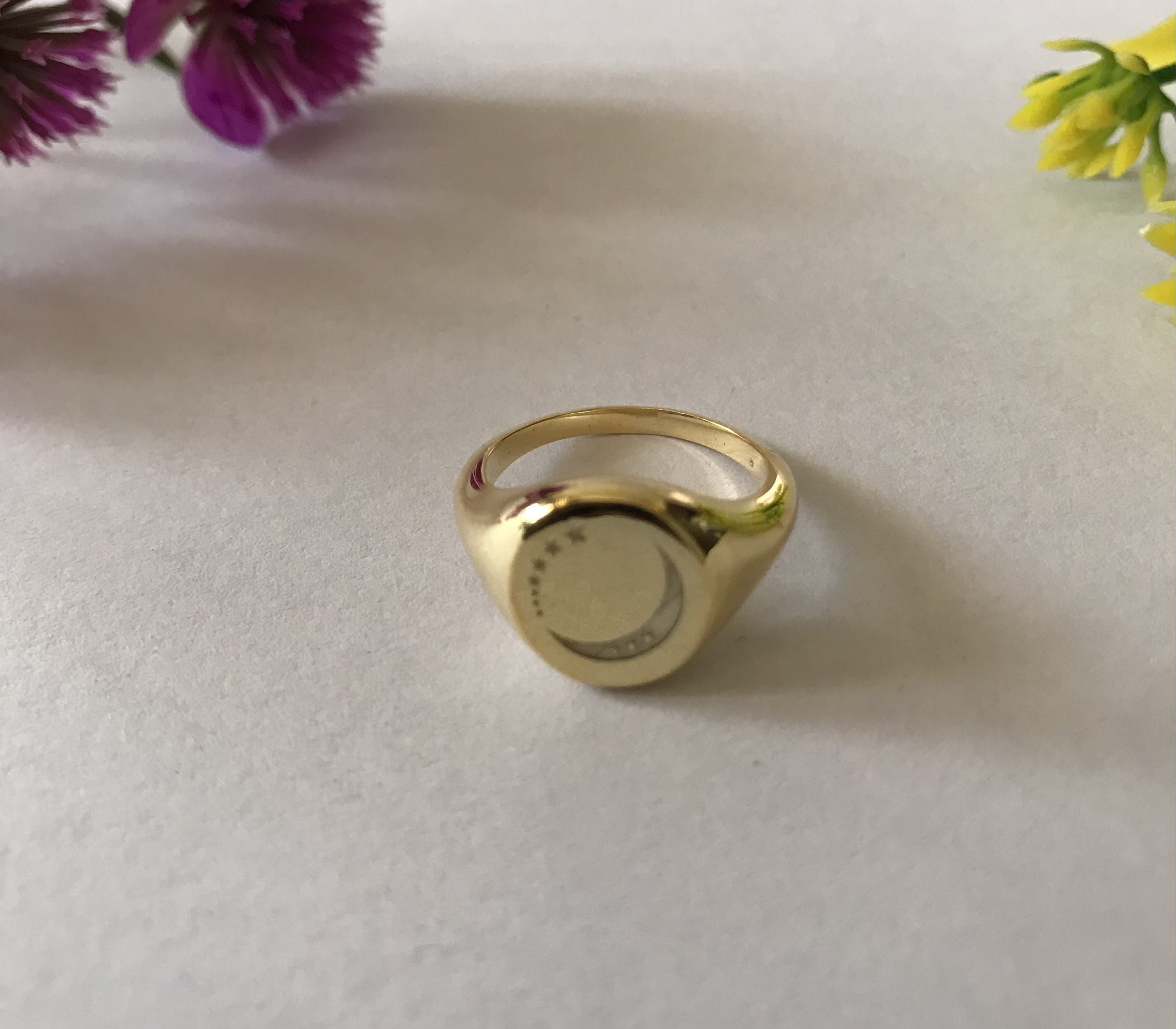 Crescent Moon Star Signet Ring, Gold Round Signet Ring, 925 Sterling ...