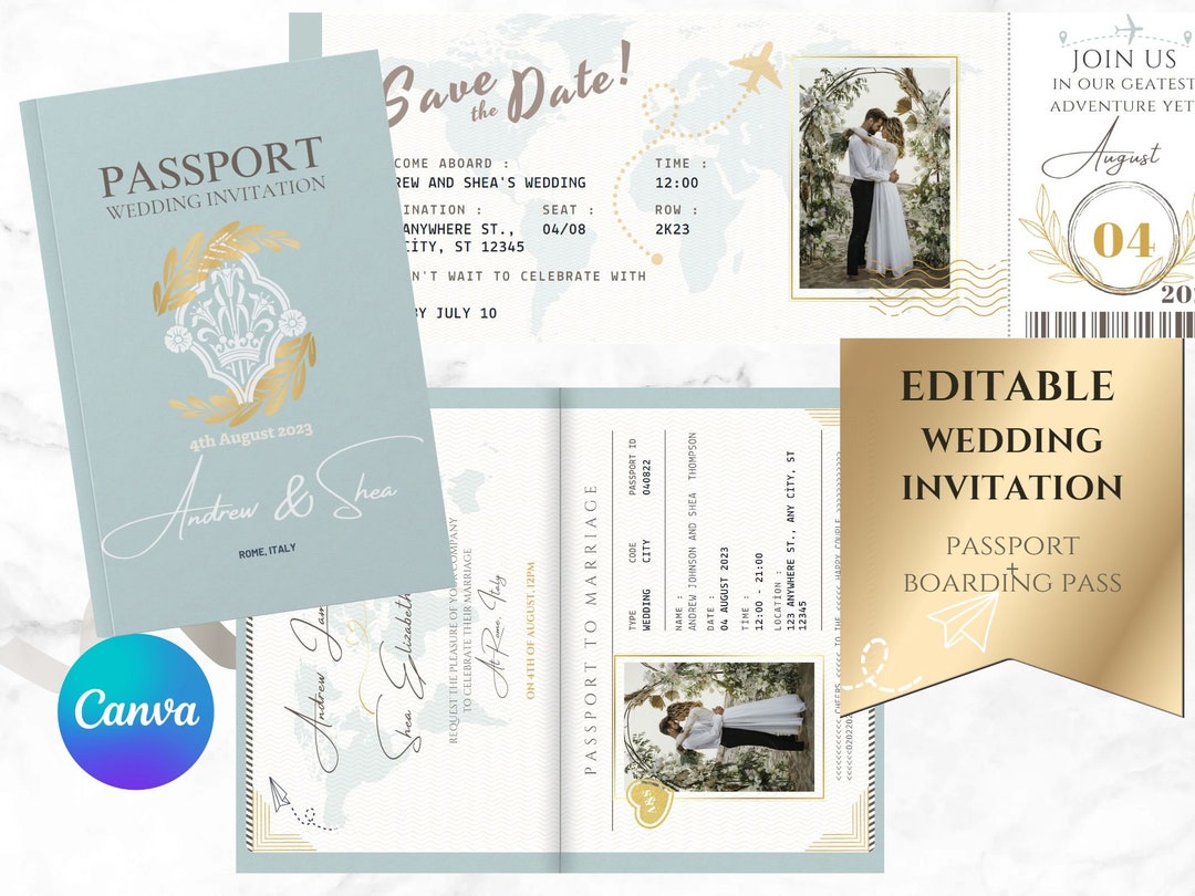 Passport Wedding Invitation & Boarding Pass Bundle blue/gold Editable ...