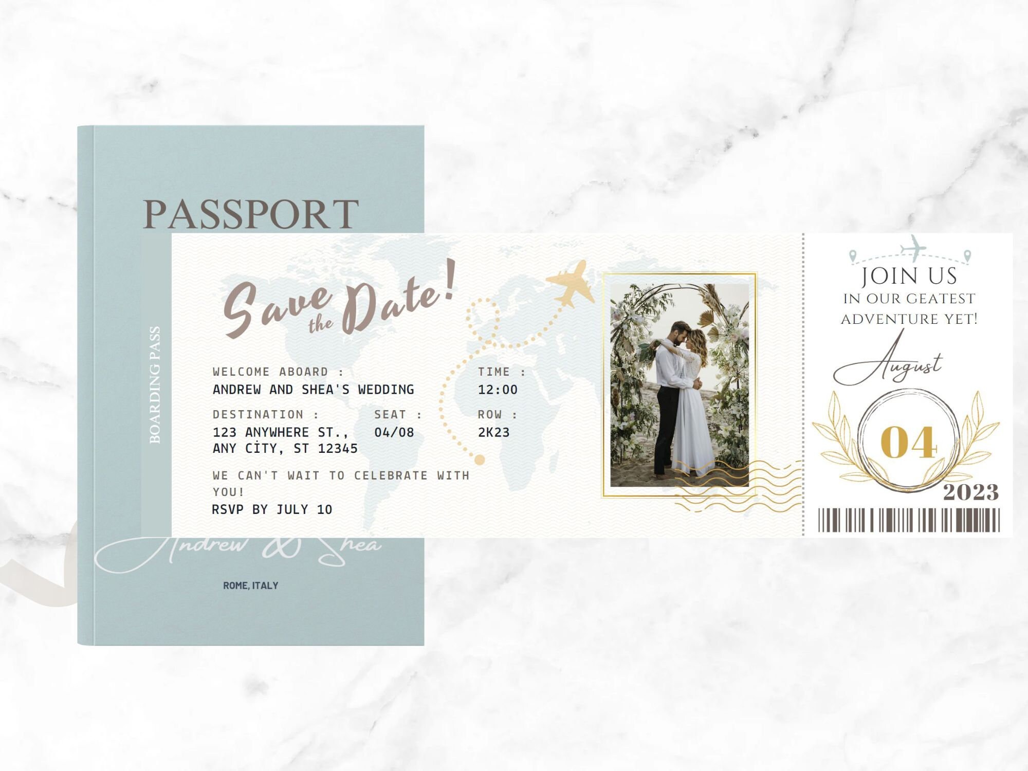 Passport Wedding Invitation & Boarding Pass Bundle blue/gold Editable ...
