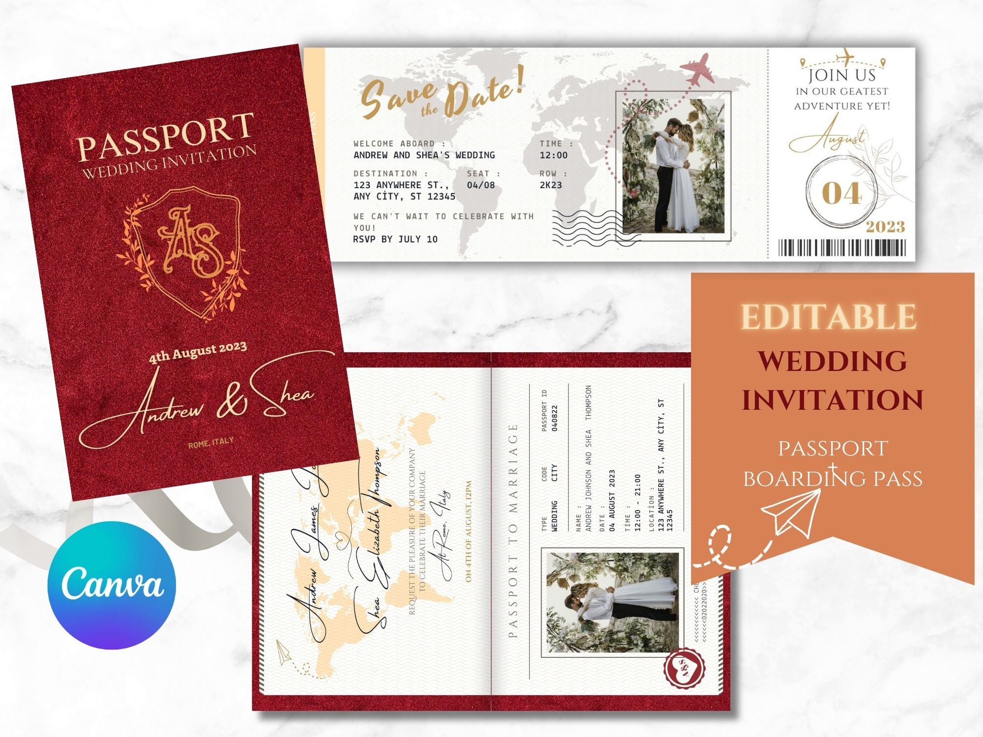 Passport Wedding Invitation & Boarding Pass Bundle red Editable Digital ...