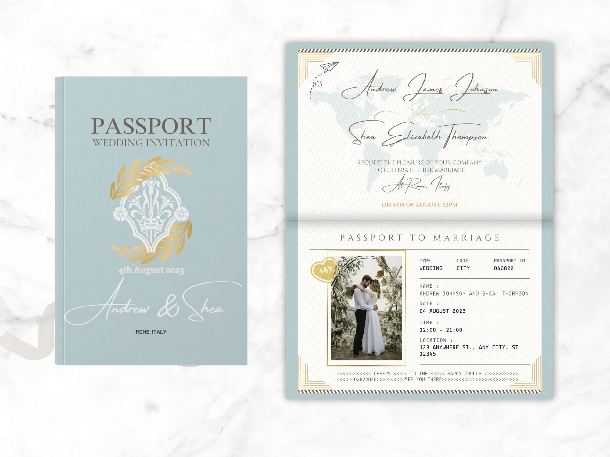 Passport Wedding Invitation & Boarding Pass Bundle blue/gold Editable ...