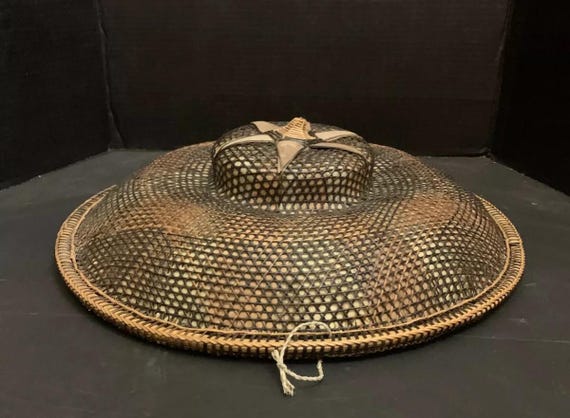 Old Vintage Filipino Rattan Salakot Sun Hat - Gem