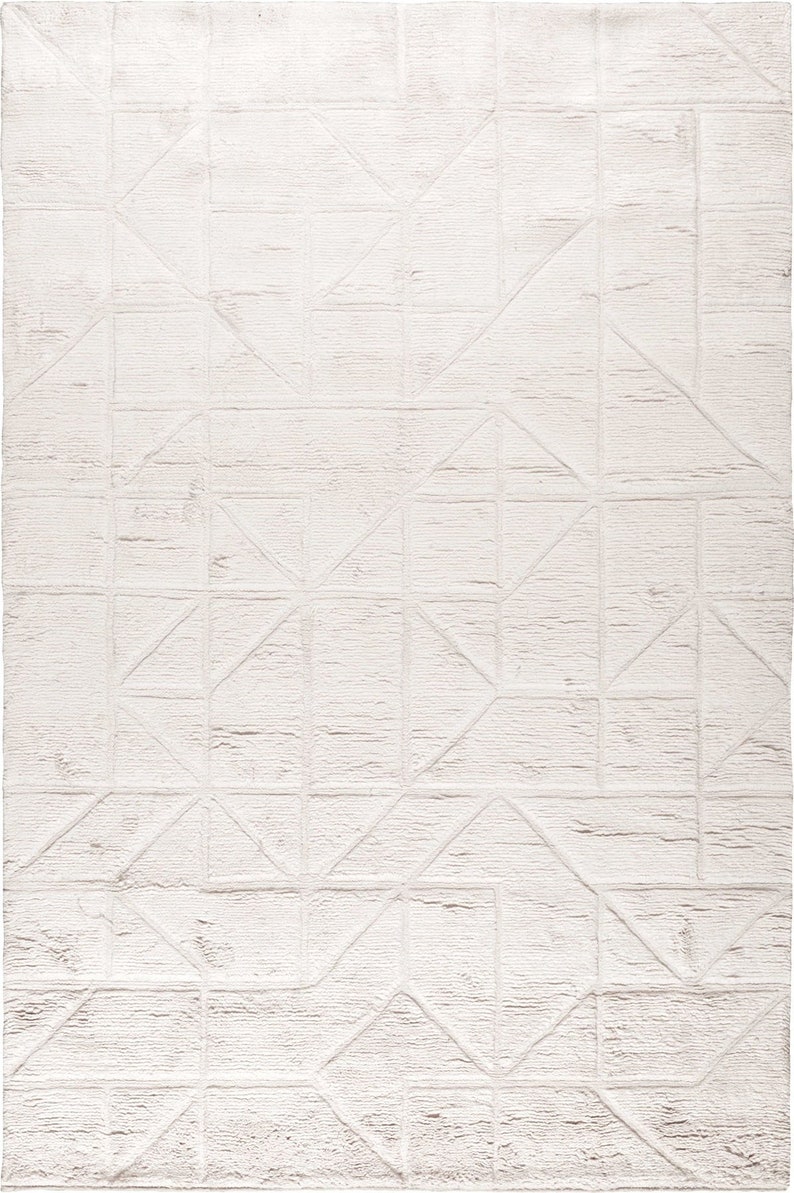 LUXURY Hand-knotted 100% Wool Area Rug Solid Wool Modern White on White ...