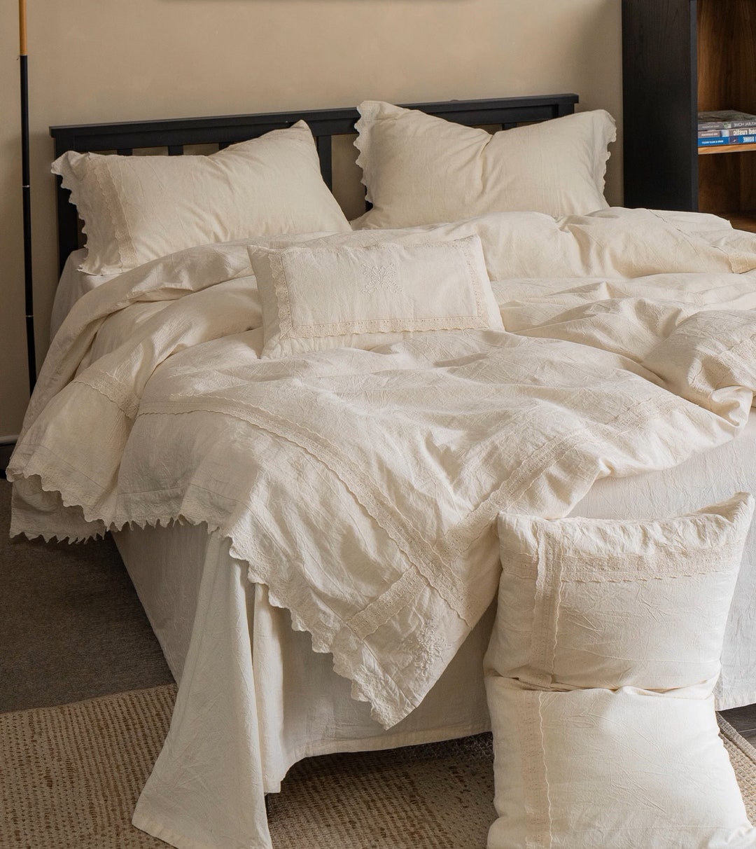 French Vintage Cotton Linen Embroidered Lace Ruffle Duvet Cover Set ...