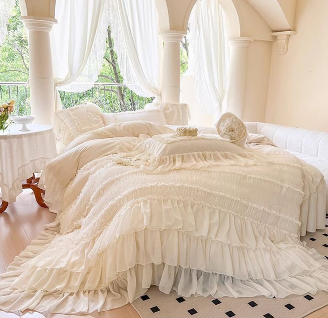 Light Luxury French Lace Ruffles Layers Pure Cotton Duvet Cover Set ...