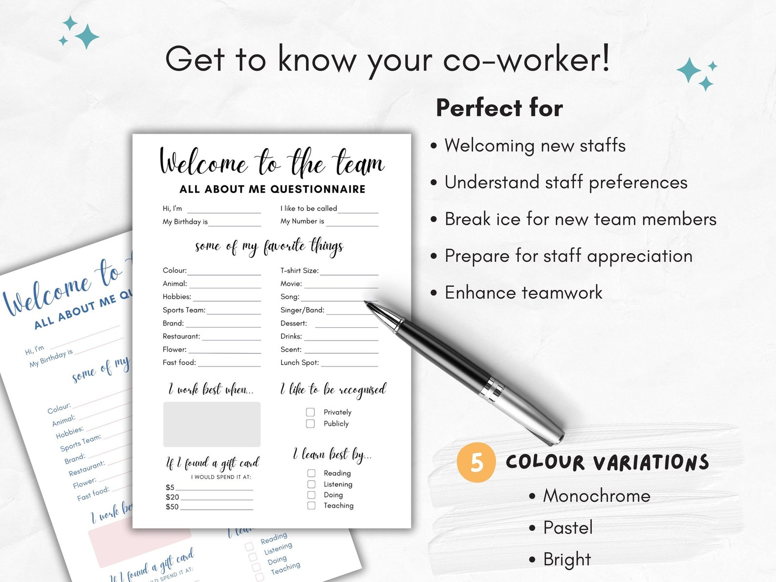 Coworker Questions Get to Know You Survey Printable All About Me ...