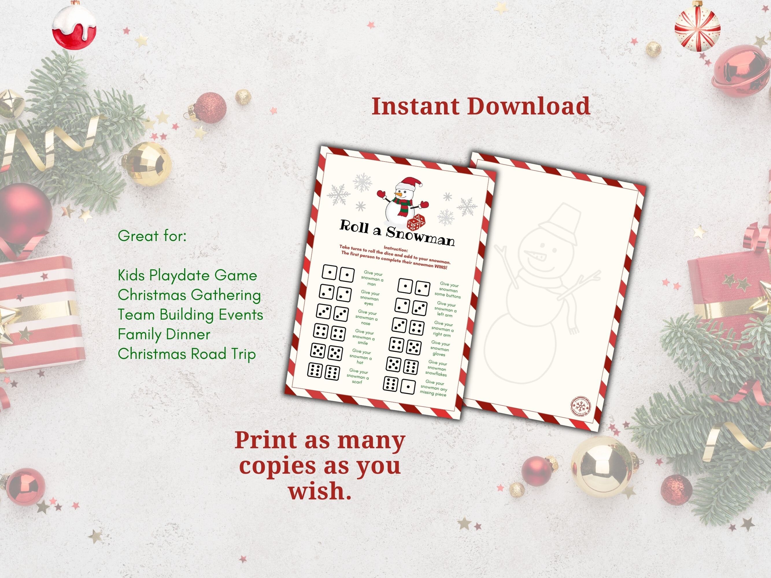Roll A Snowman Game Printable Christmas Game Winter Activity for Kids ...