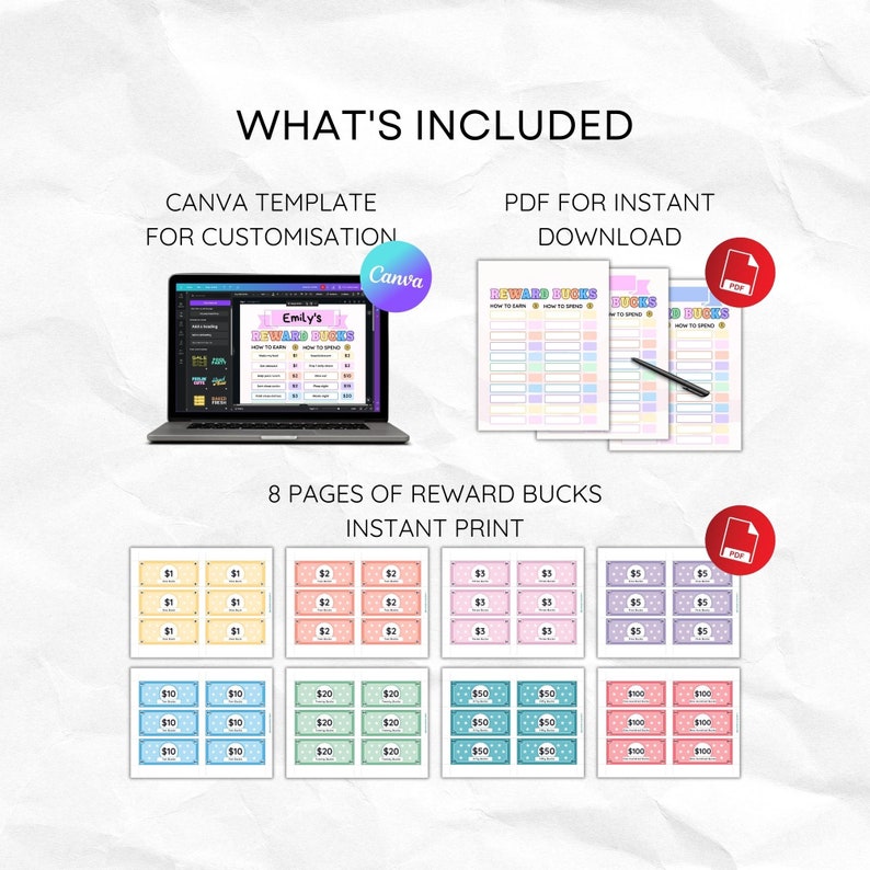 EDITABLE Kids Reward Bucks Printable, Kids Reward Chore Bucks ...