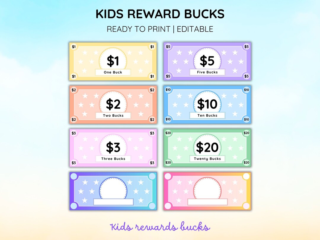 Editable Reward Bucks for Kids Printable Pretend Play Money Allowance ...