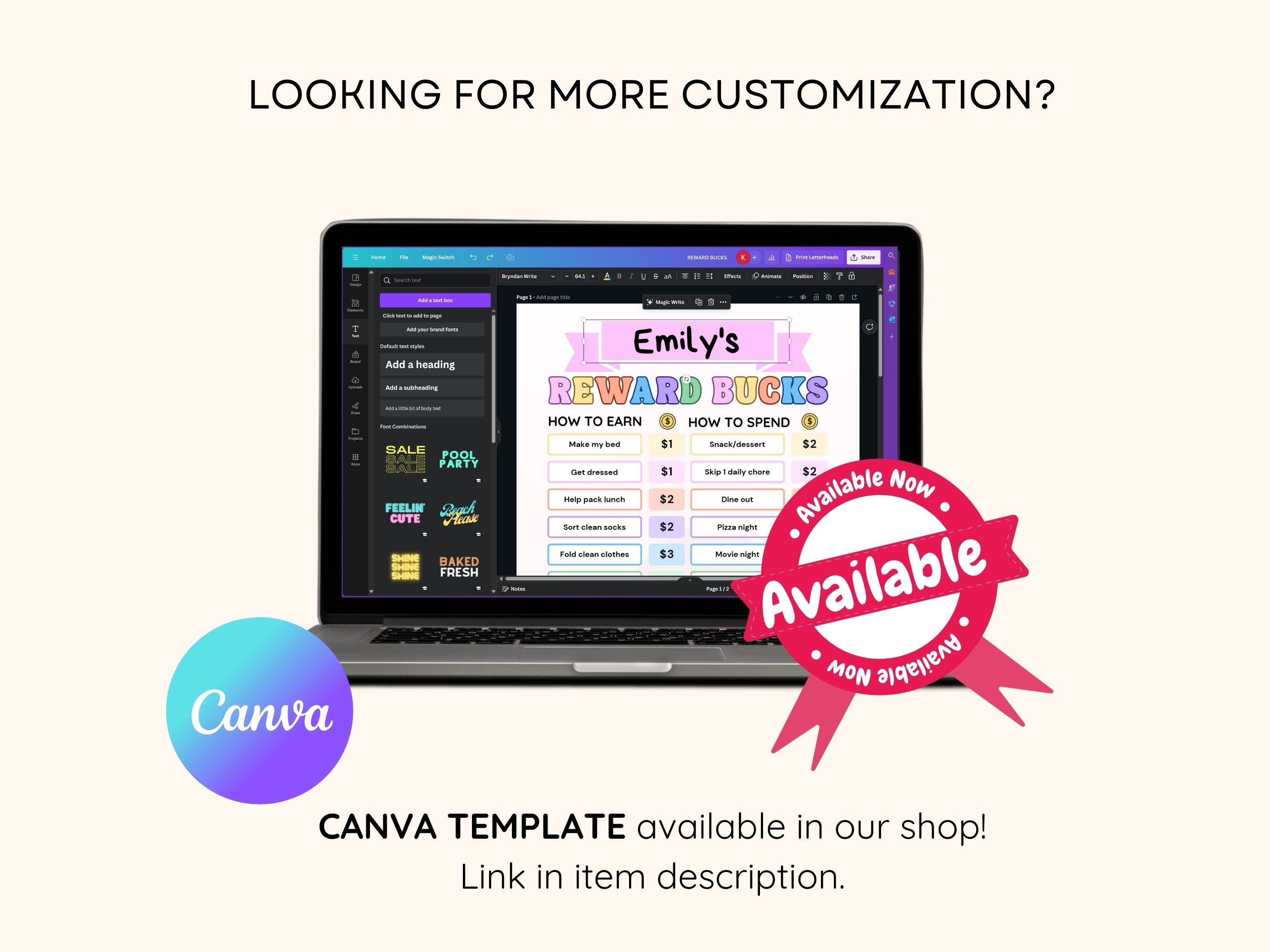 Editable Kids Reward Bucks, Printable Chore Chart (word Document) - Etsy
