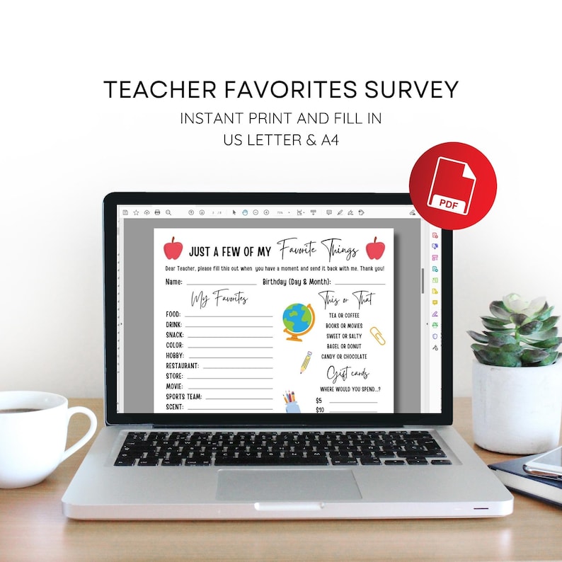 Teacher Favorite Things Survey, Printable Questionnaire (PDF) - Etsy
