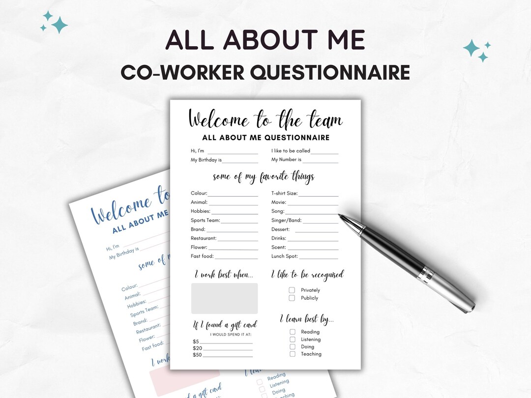 Coworker Questions Get to Know You Survey Printable All About Me ...