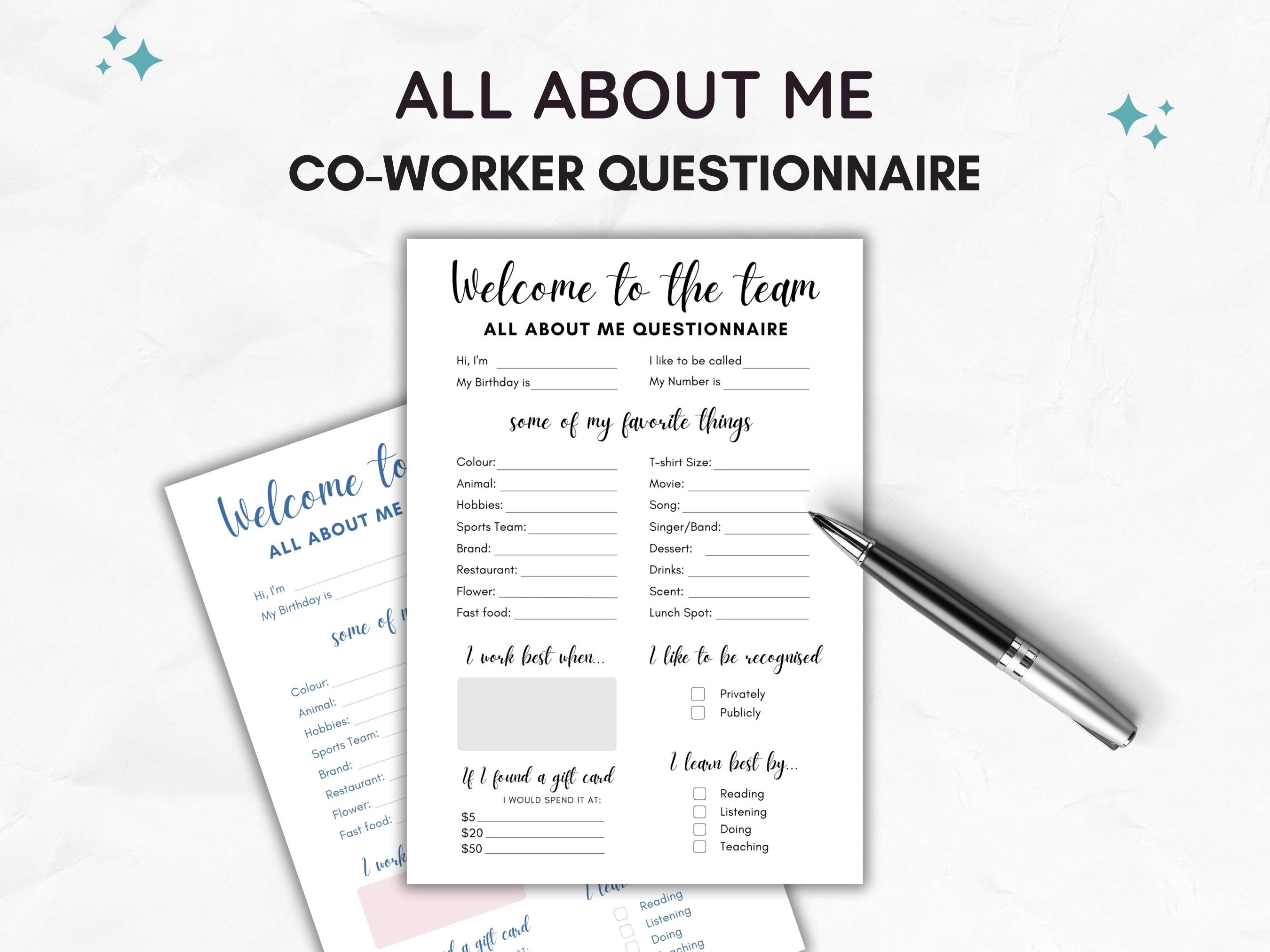 Coworker Questions Get to Know You Survey Printable All About Me ...