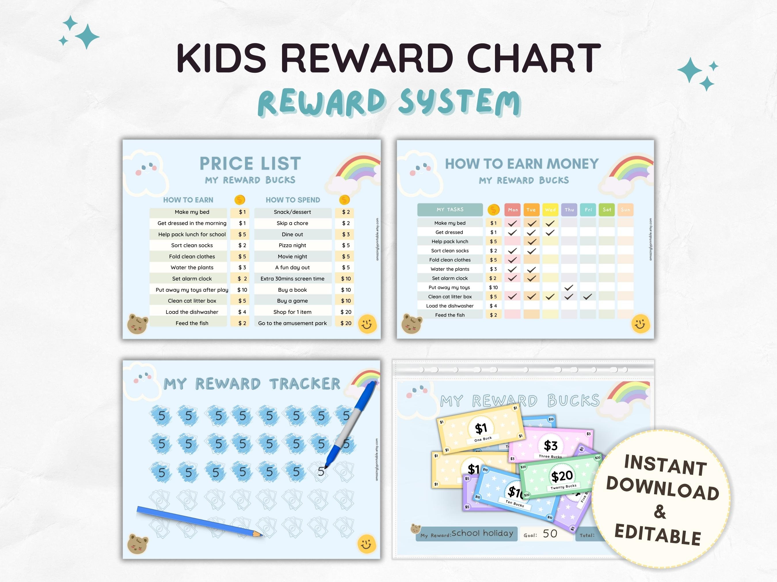 Editable Kids Reward Chart How to Earn Money Chore Chart for Kids ...