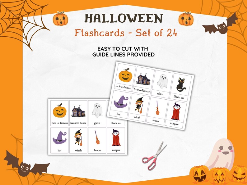 24 tarjetas didácticas de Halloween, tarjetas didácticas de 3 partes ...