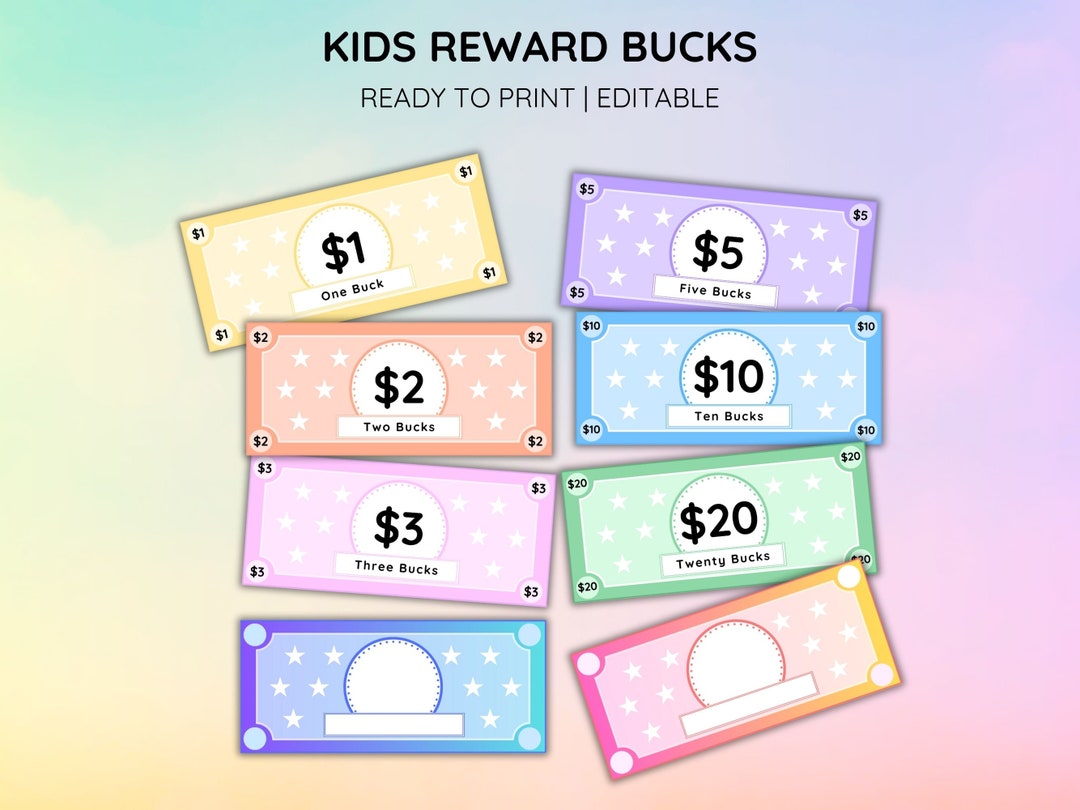 Editable Reward Bucks for Kids Printable Pretend Play Money Allowance ...