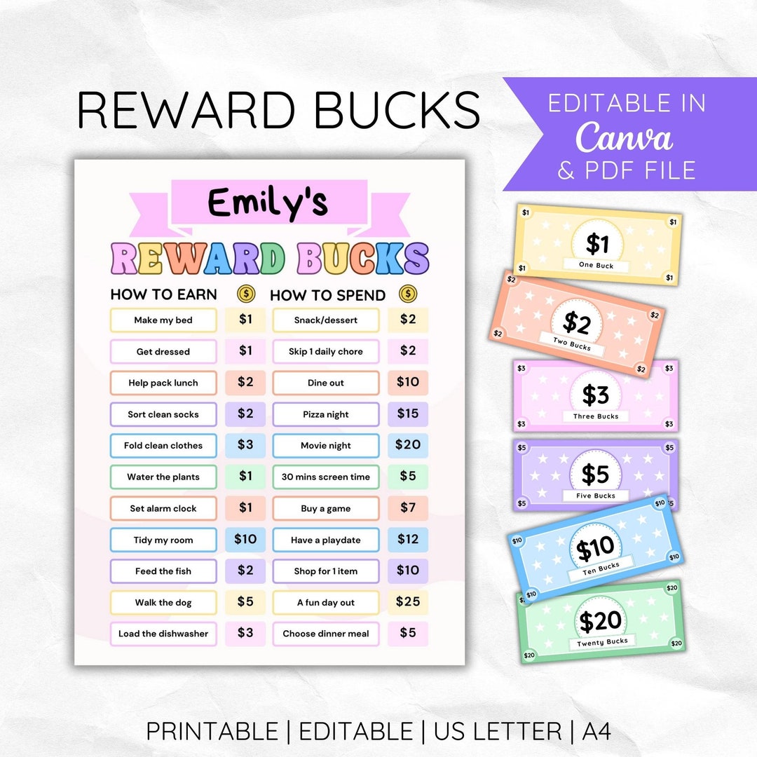 EDITABLE Kids Reward Bucks Printable, Kids Reward Chore Bucks ...