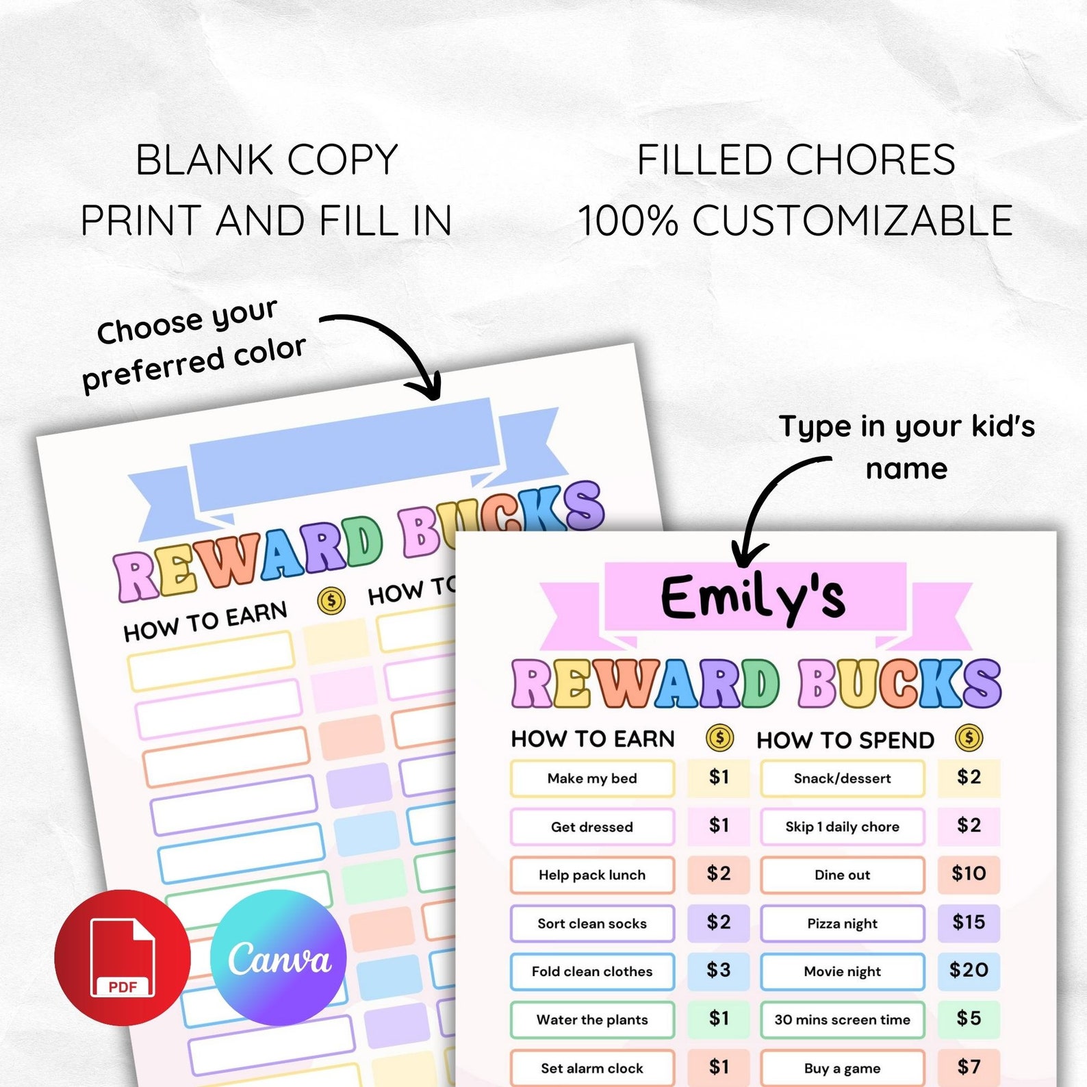 EDITABLE Kids Reward Bucks Printable, Kids Reward Chore Bucks ...
