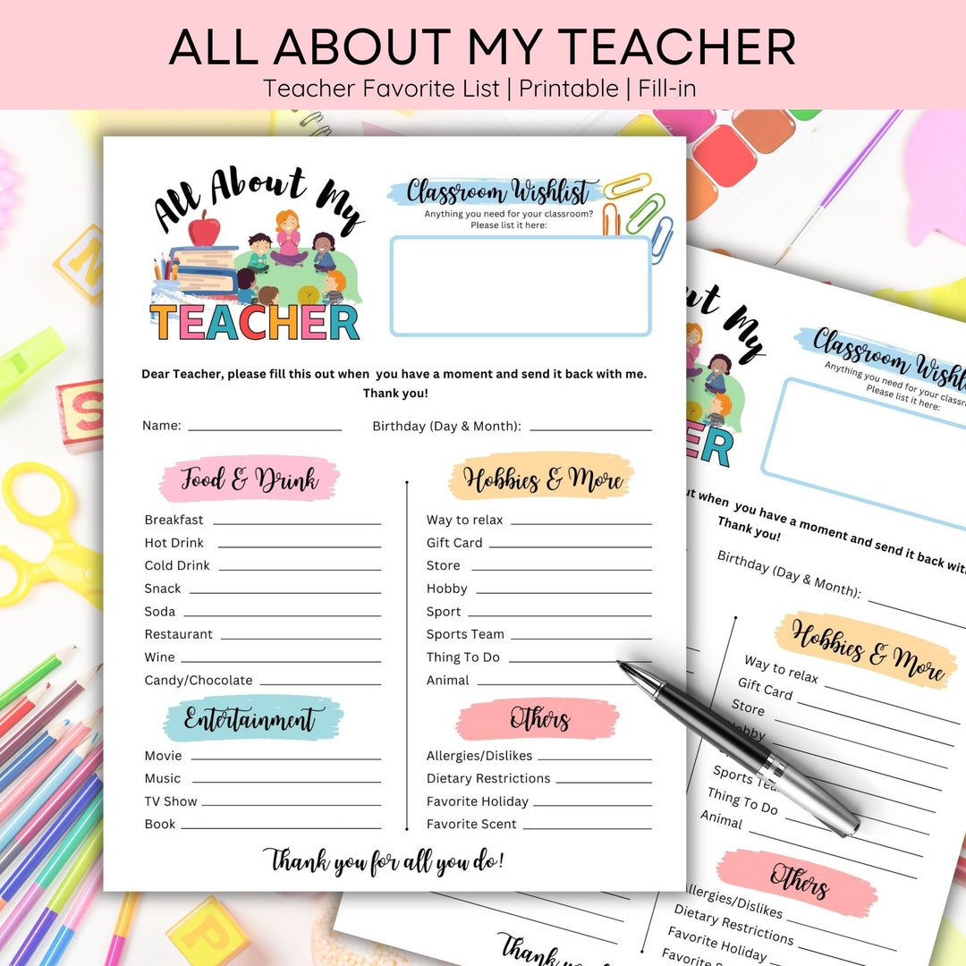 All About My Teacher Printable Questionnaire, Teacher Favorite Things ...