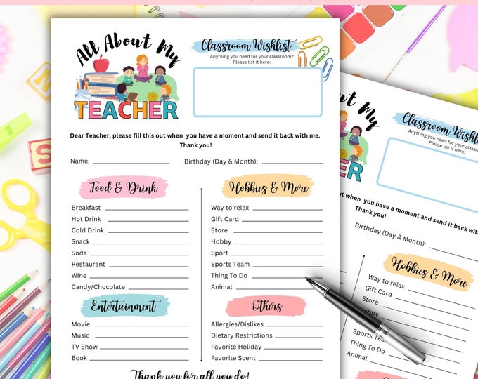 Teacher Favorite Things Questionnaire, Teacher Appreciation Gift, All ...