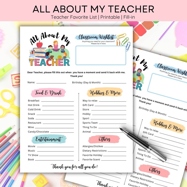 All About My Teacher Printable Questionnaire, Teacher Favorite Things ...