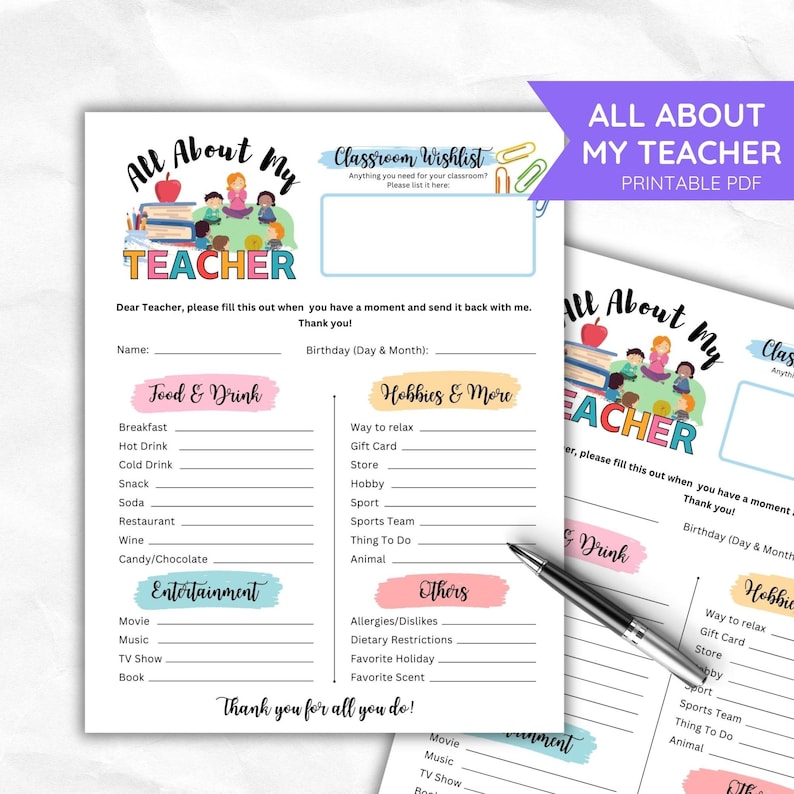 All About My Teacher Printable Questionnaire, Teacher Favorite Things ...
