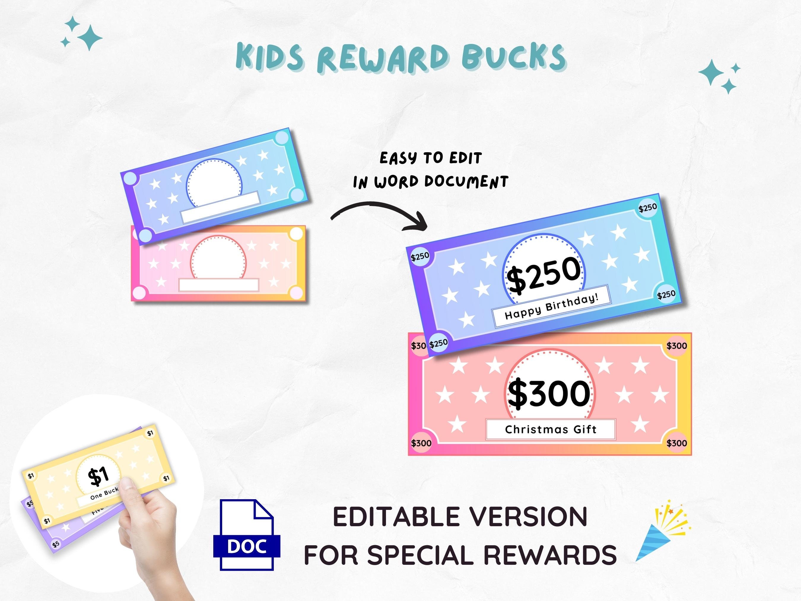 Reward Bucks for Kids Printable Play Money Editable Allowance Money Mom ...