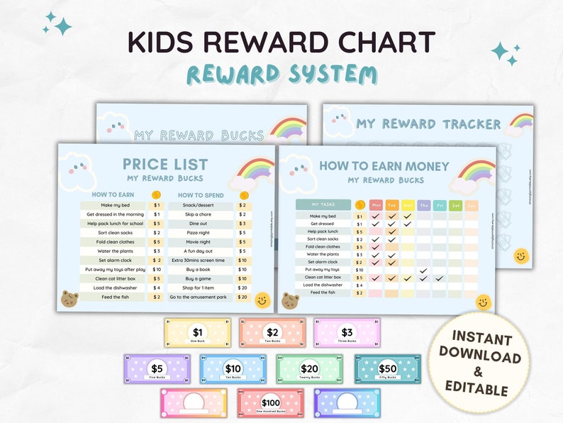 Editable Kids Reward Chart How to Earn Money Chore Chart for Kids ...