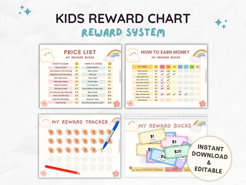 Editable Kids Reward Bucks PRINTABLE Reward Chart for Kids Reward ...