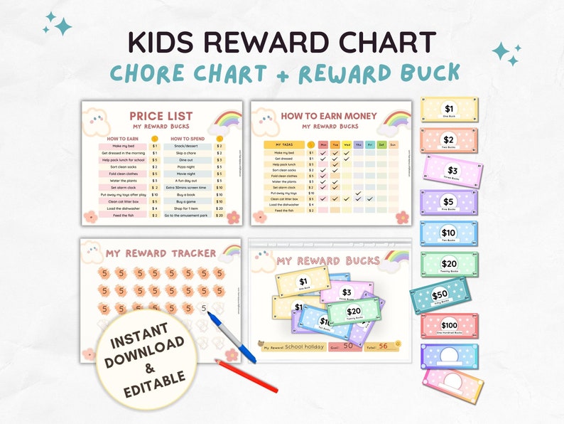 Editable Kids Reward Bucks PRINTABLE Reward Chart for Kids Reward ...