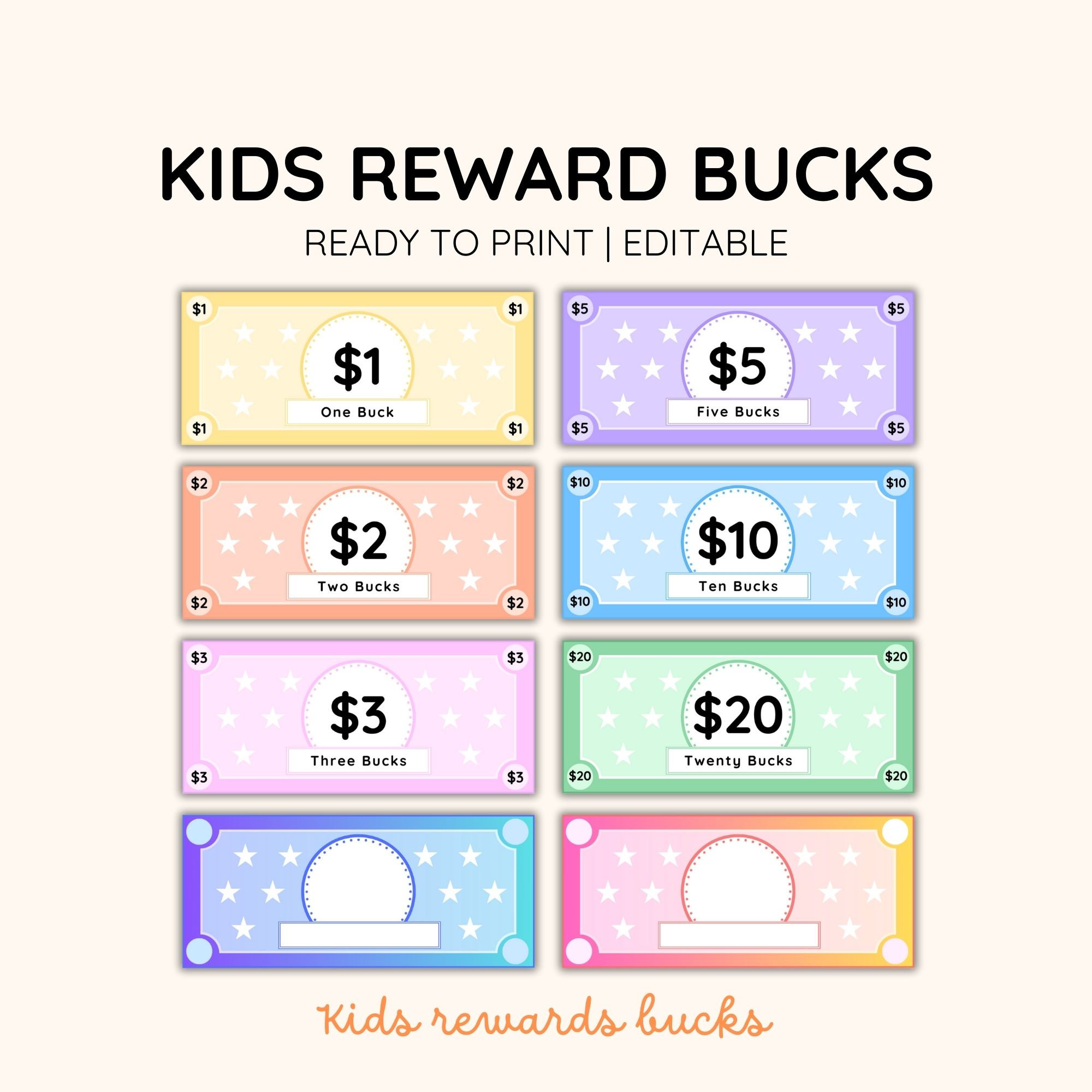 Reward Bucks for Kids Printable Play Money Editable Allowance Money Mom ...