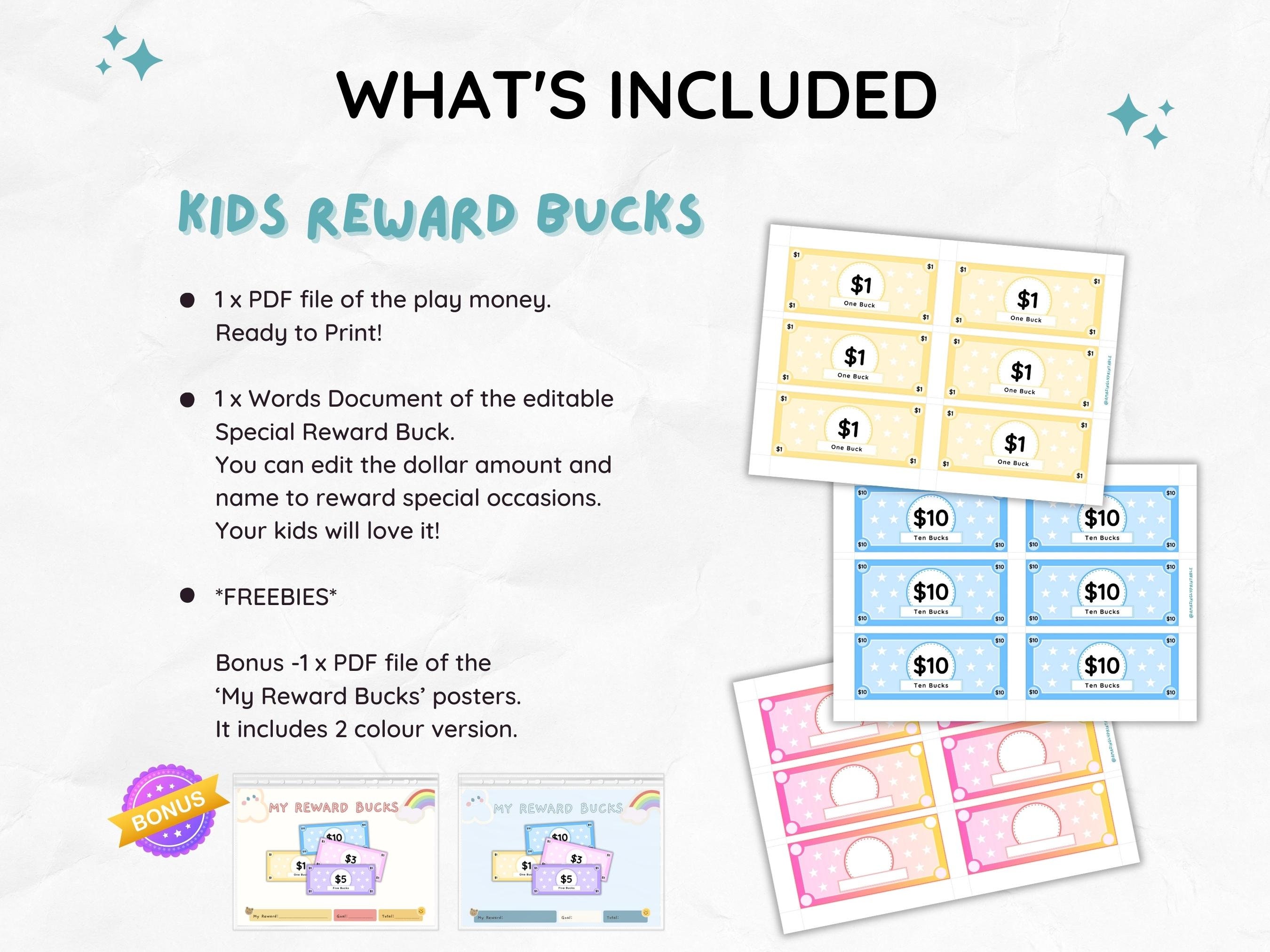 Reward Bucks for Kids Printable Play Money Editable Allowance Money Mom ...