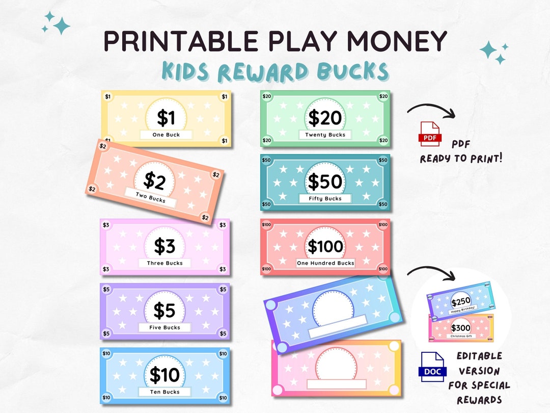 Reward Bucks for Kids Printable Play Money Editable Allowance Money Mom ...