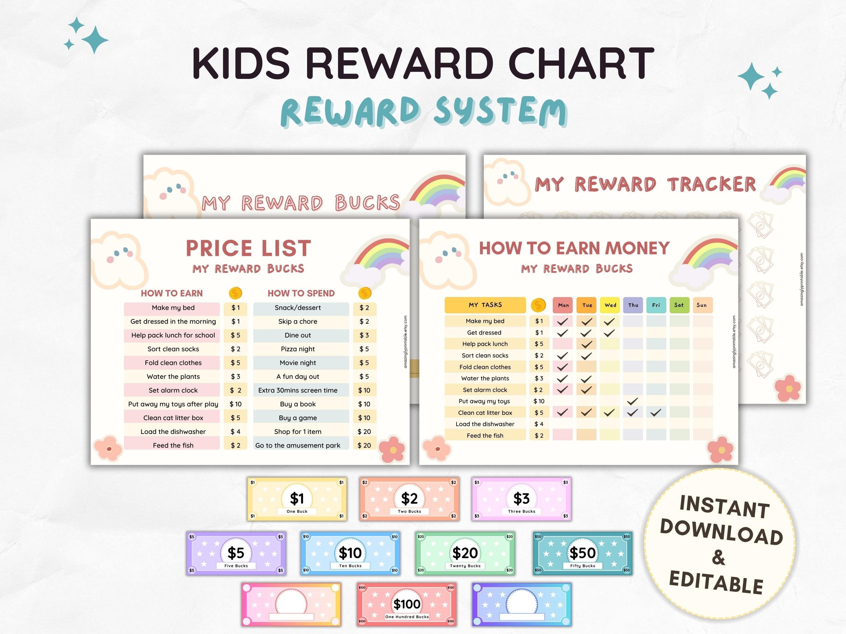 Editable Kids Reward Chart How to Earn Money Chore Chart for Kids ...