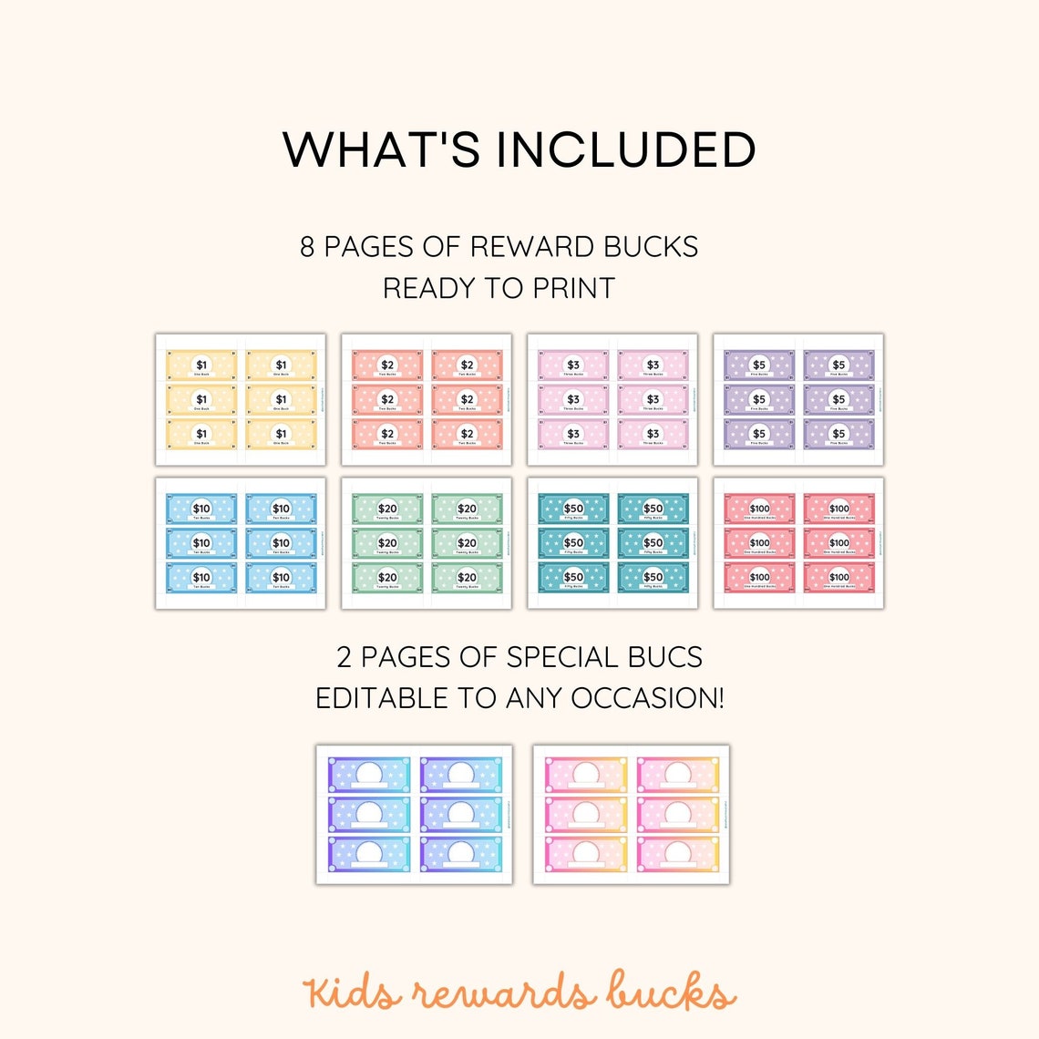 Reward Bucks for Kids Printable Play Money Editable Allowance Money Mom ...