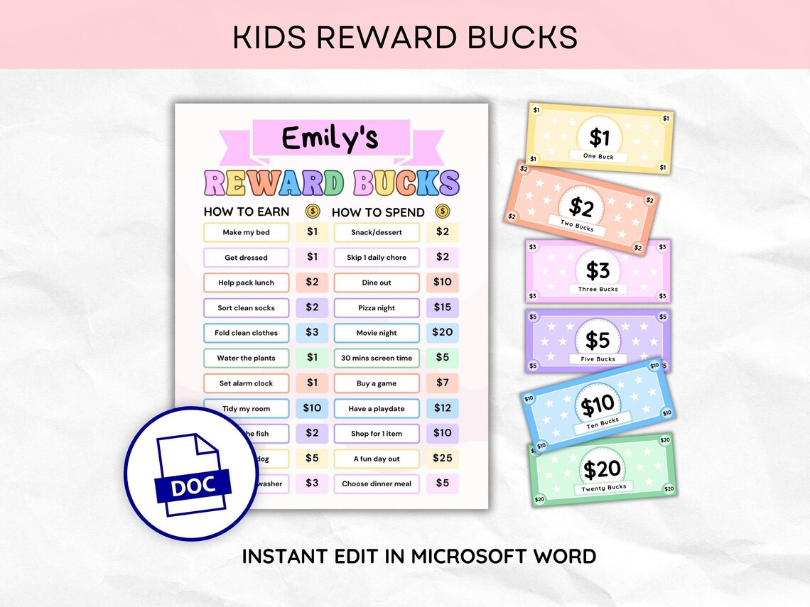 EDITABLE Kids Reward Bucks Printable Kids Reward Chore Bucks, Printable ...