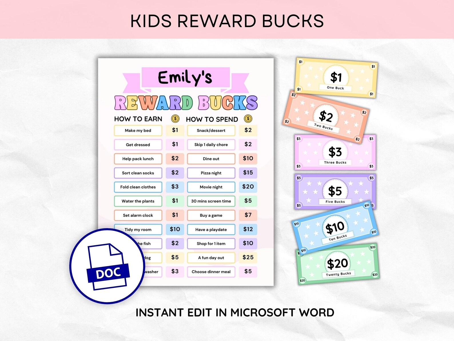 Editable Kids Reward Bucks, Printable Chore Chart (word Document) - Etsy