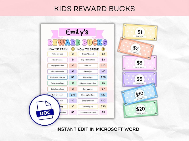 EDITABLE Kids Reward Bucks Printable Kids Reward Chore Bucks, Printable ...