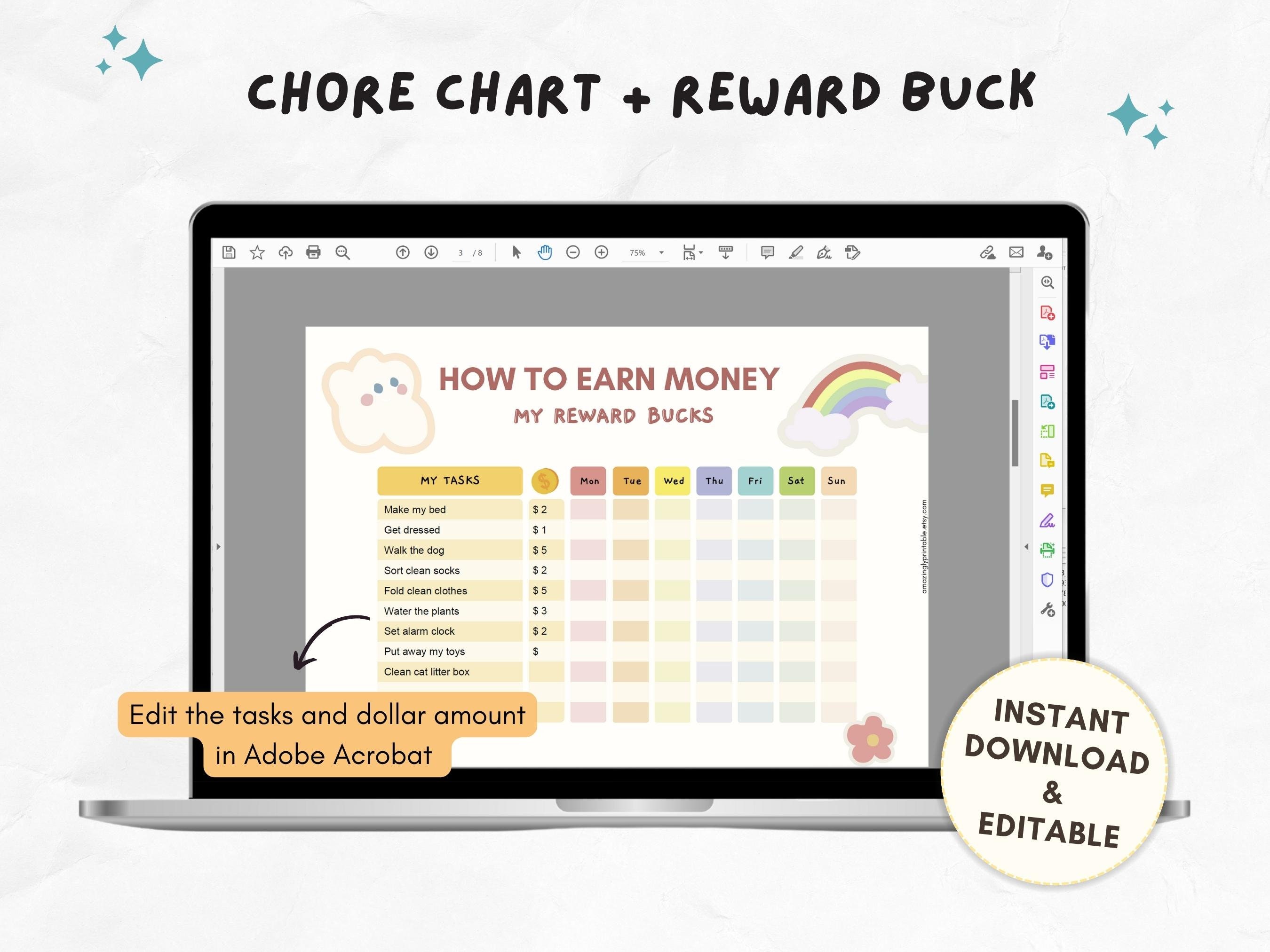 Editable Kids Reward Bucks PRINTABLE Reward Chart for Kids Reward ...