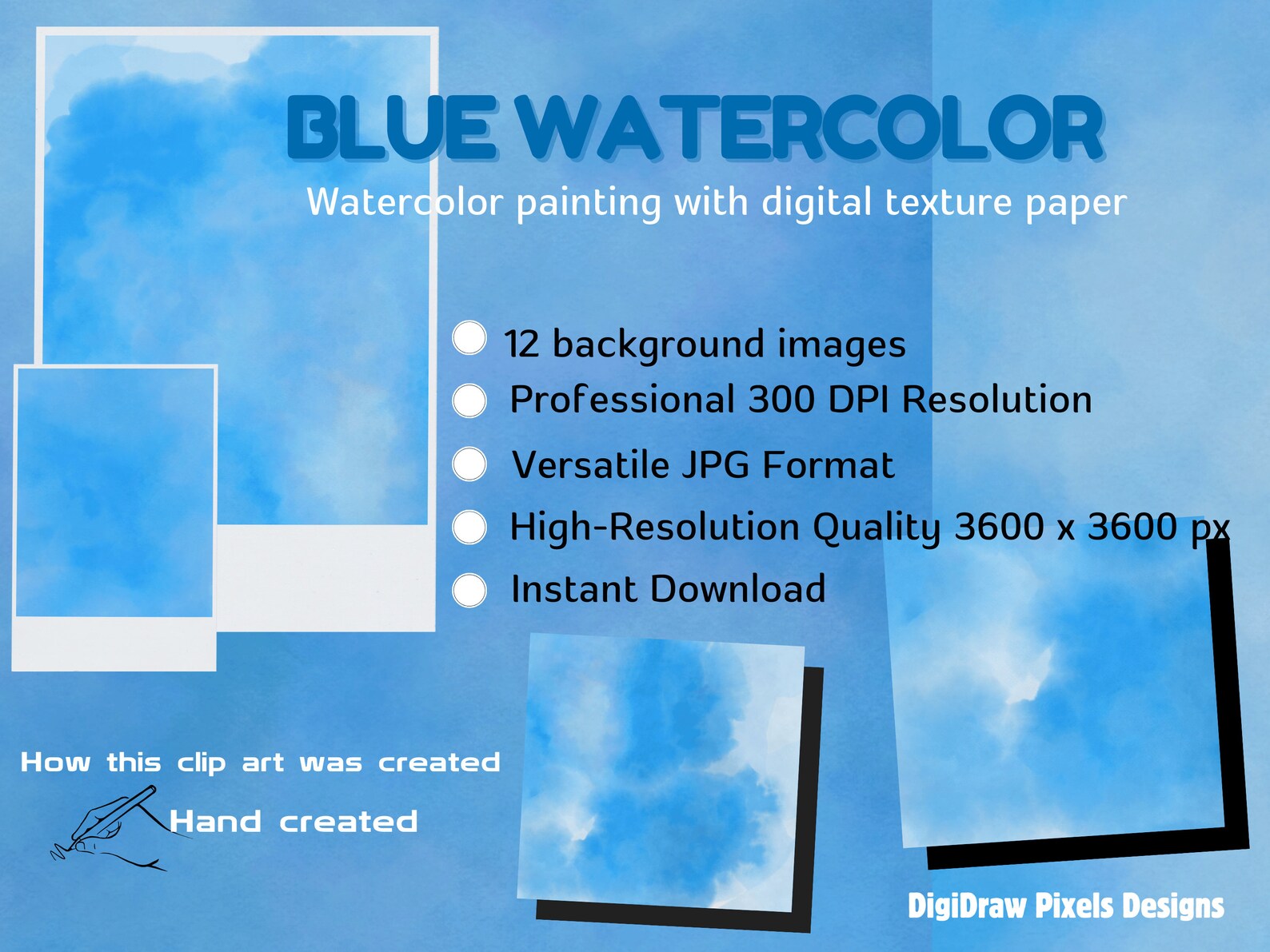 12 Blue Watercolor Texture Papers|digital Download|blue Background ...