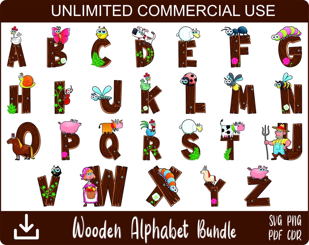 Farm-themed Wooden Alphabet - A-Z Rustic Letters With Animals, Plants ...