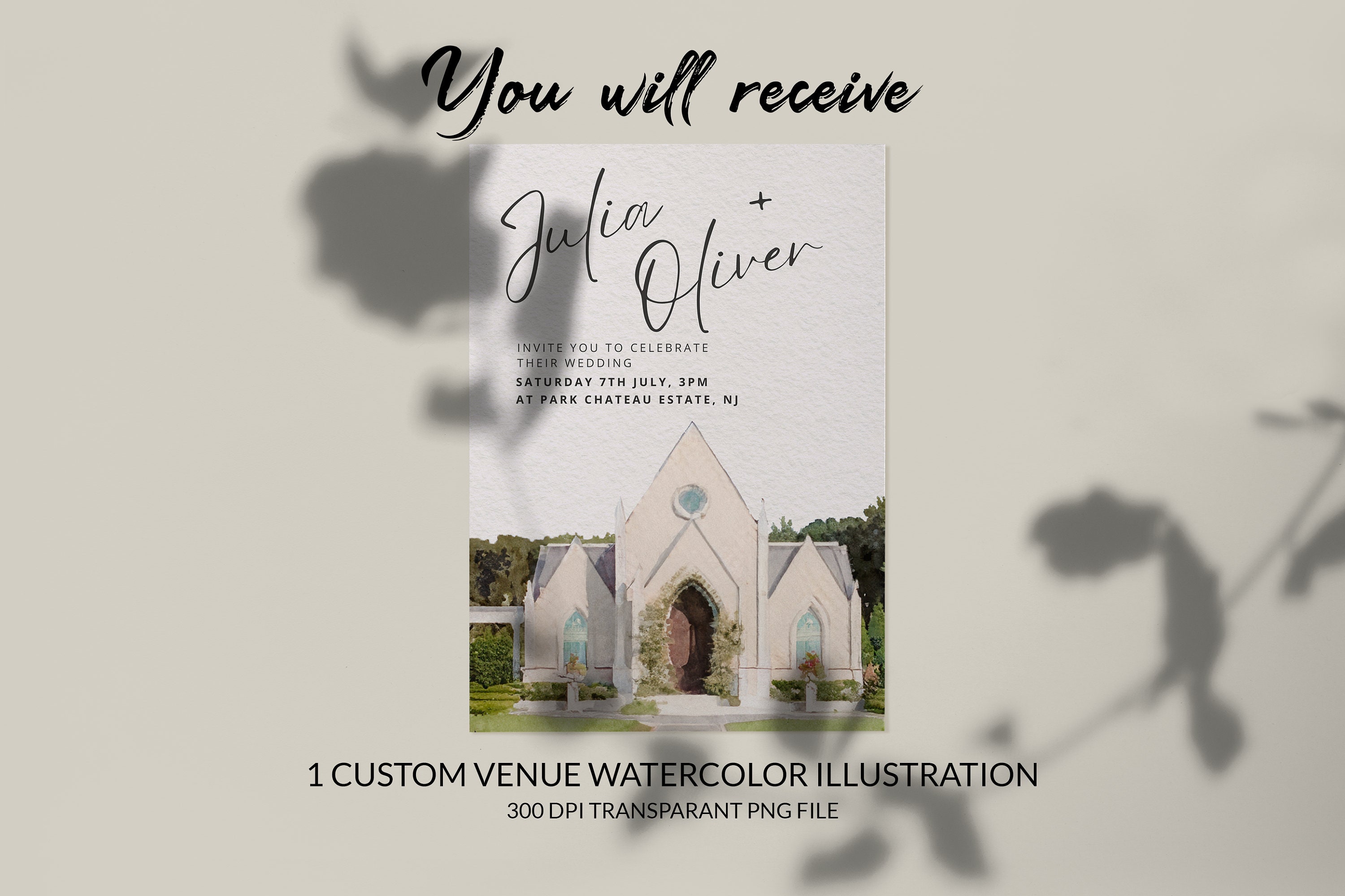 Watercolor Wedding Venue Invitation Illustration Custom Art Digital ...