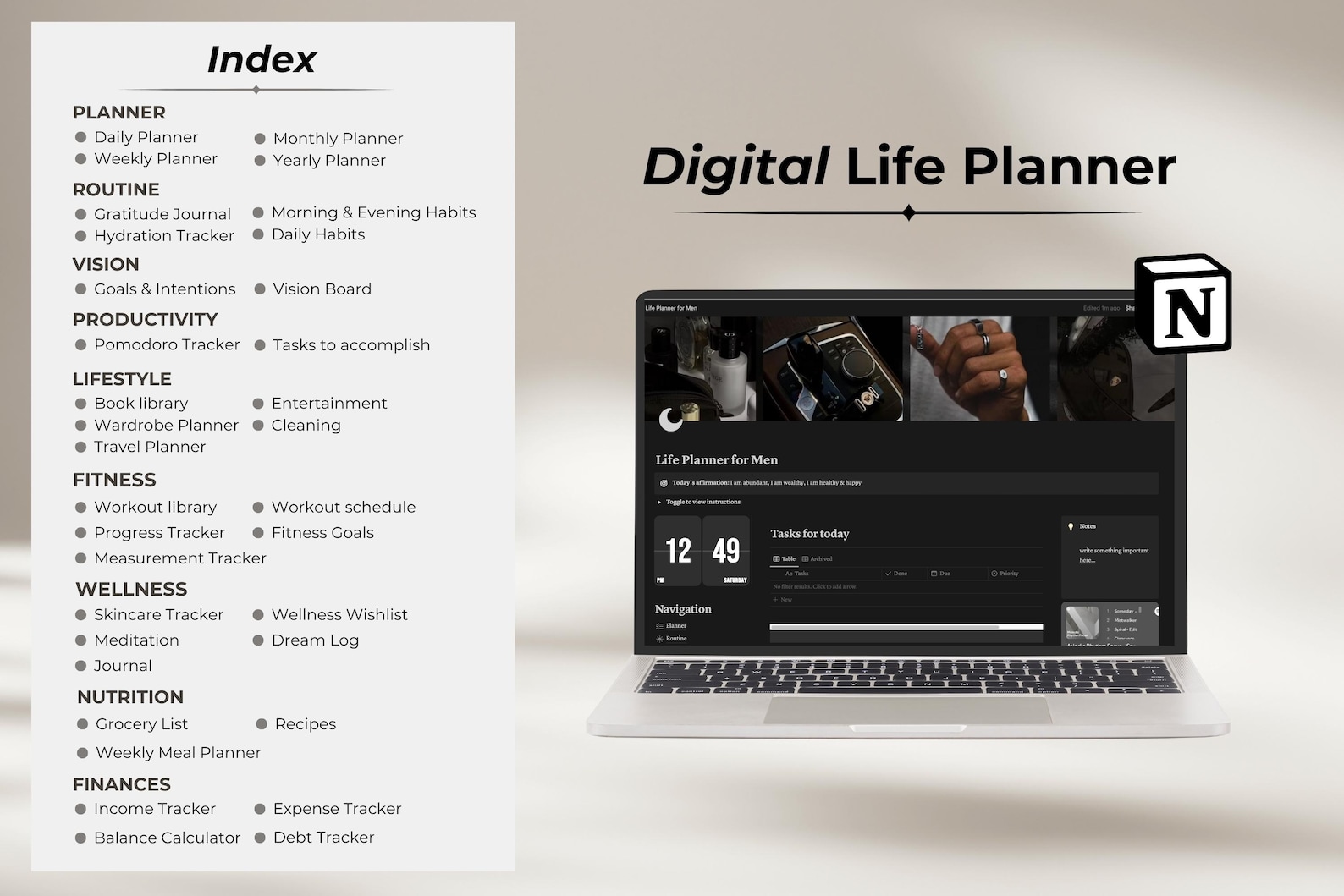 Notion Template for Men Notion Life Planner Dark Mode, All in One ...