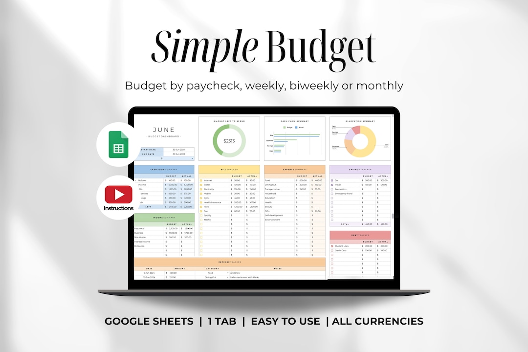 Google Sheets Budget Spreadsheet, Monthly Weekly Paycheck Budget ...