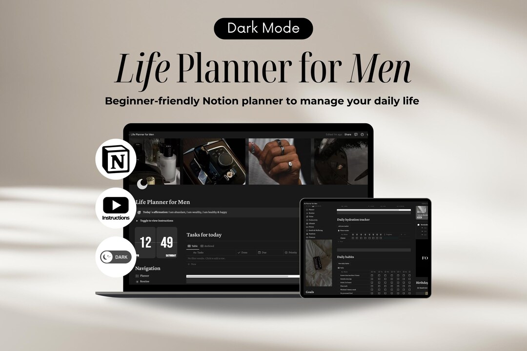 Notion Template for Men Notion Life Planner Dark Mode, All in One ...