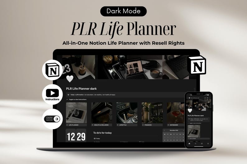 PLR Notion Template Dark Mode Notion Life Planner With Private Label ...