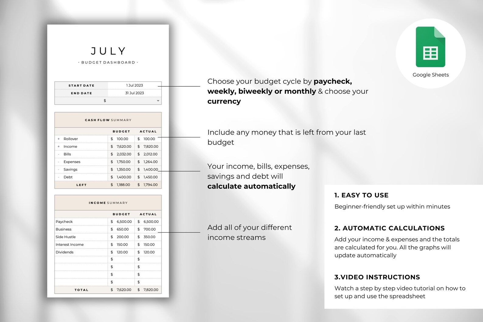 Budget Planner for Google Sheets, Monthly Budget Spreadsheet, Paycheck ...
