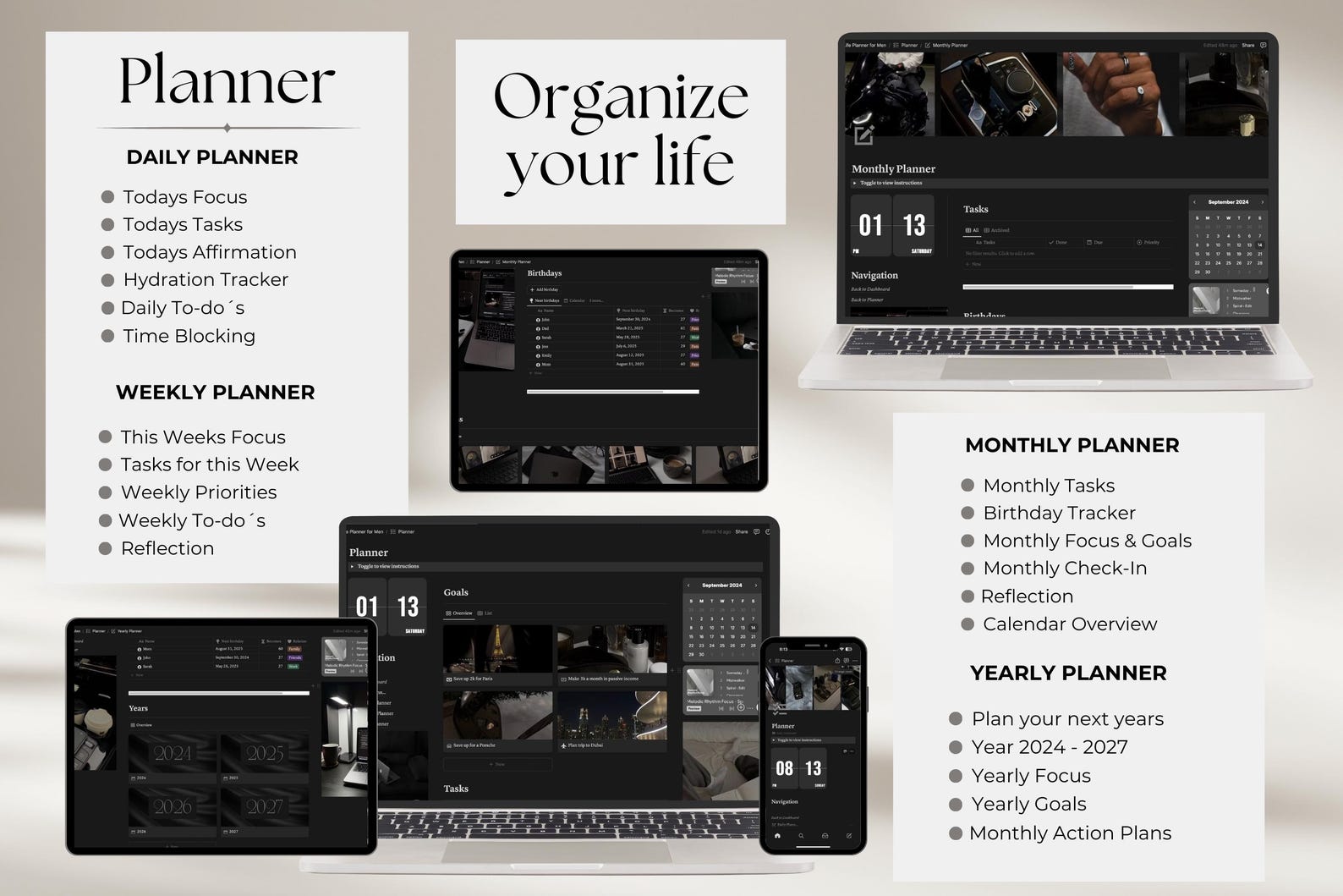 Notion Template for Men Notion Life Planner Dark Mode, All in One ...