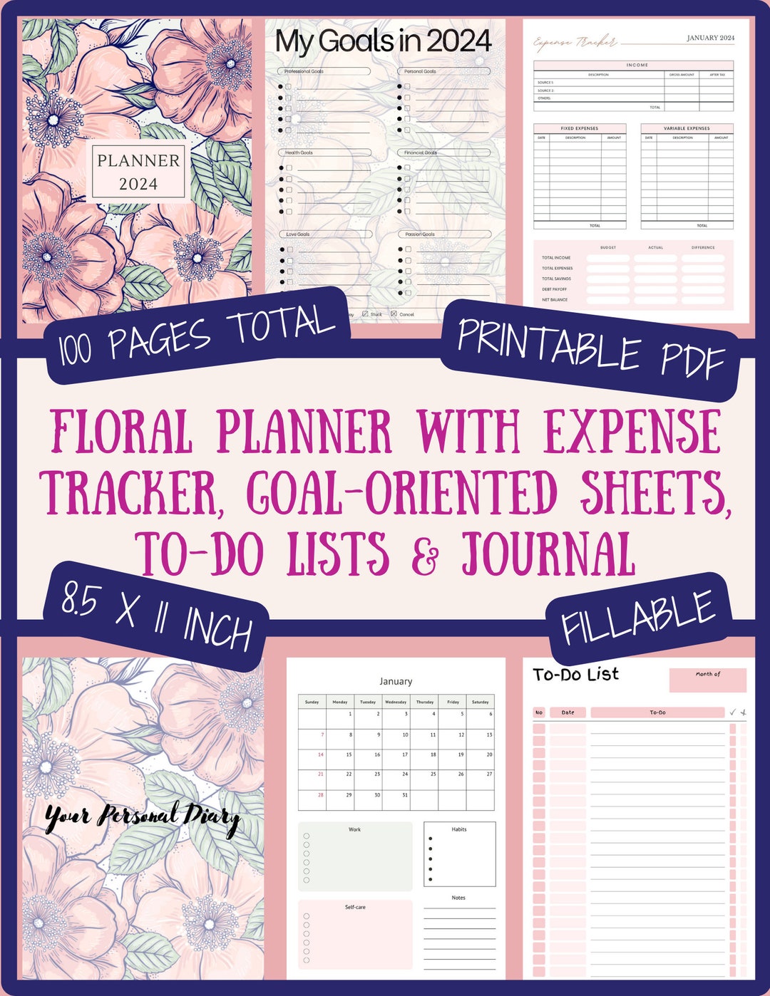 Printable Floral Planner With Expense Tracker, To-do Lists and Journal ...